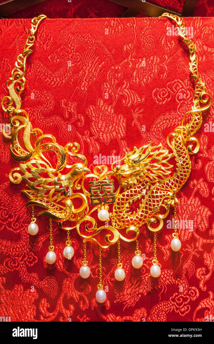 China, Macau, Gold and Jewellery Shop Window, Display of Gold Necklace ...