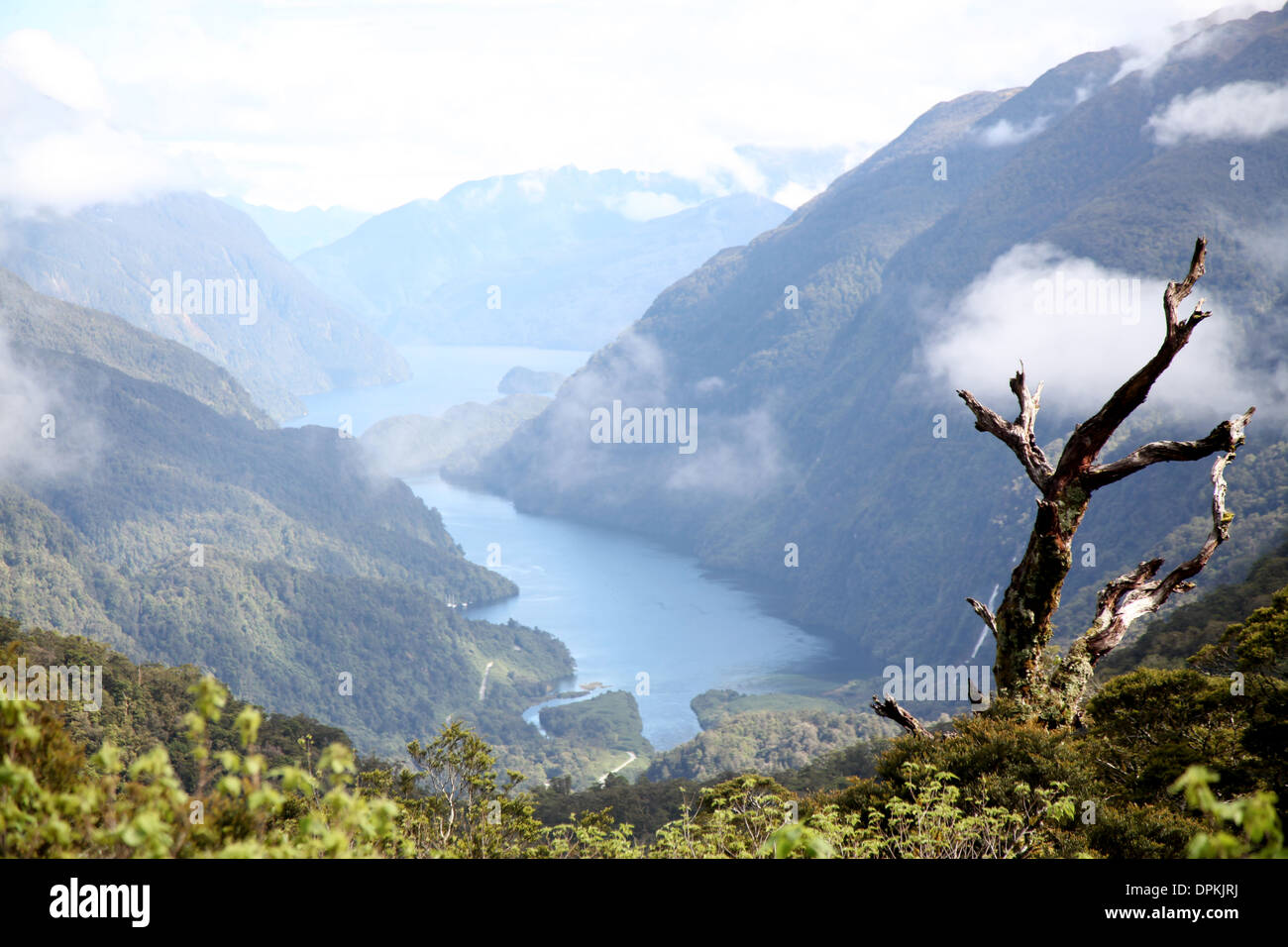 Looking through the mist and cloud to Doubtful Sound far below Stock ...