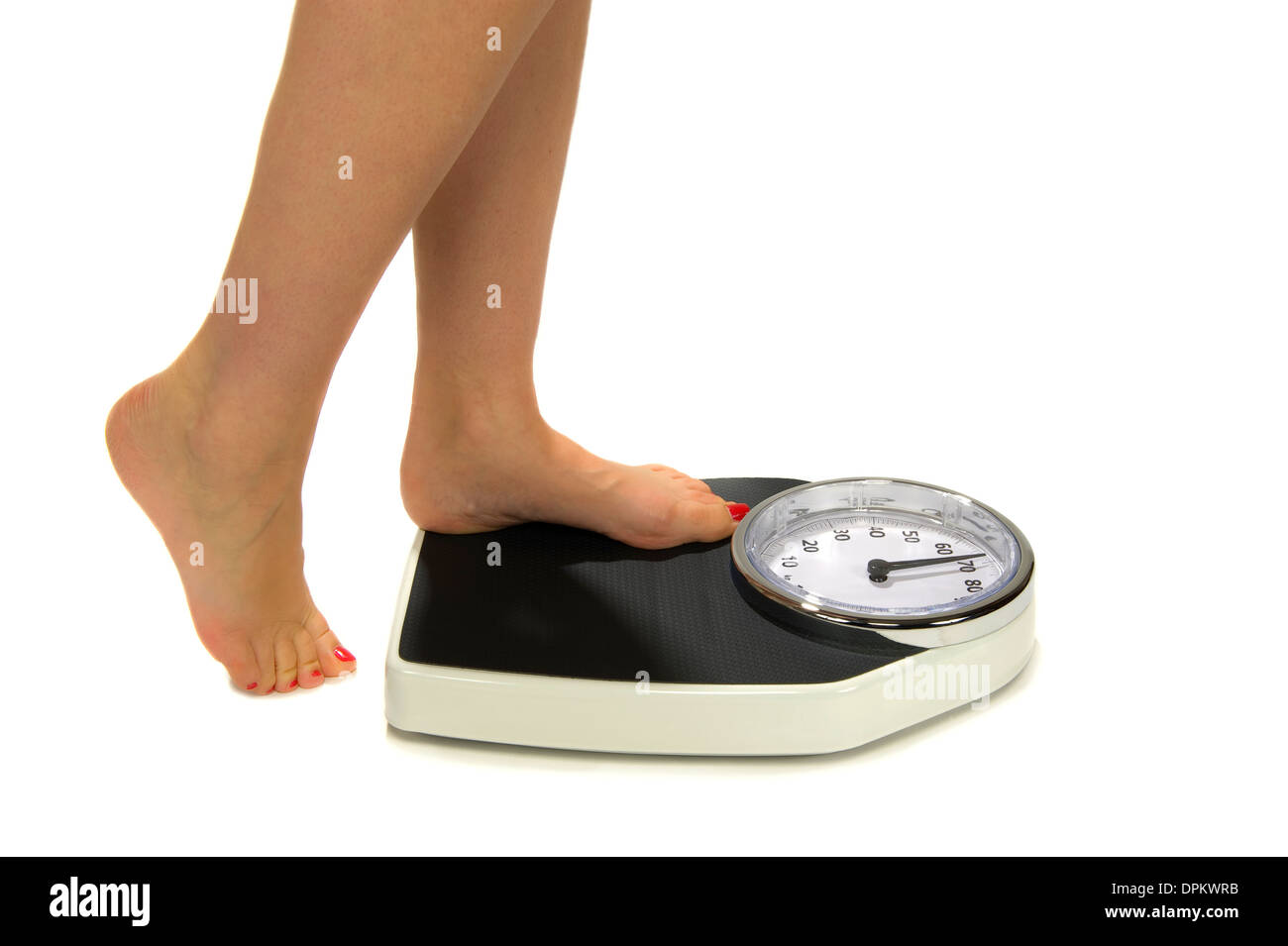 A woman standing on a weight scale Stock Photo - Alamy