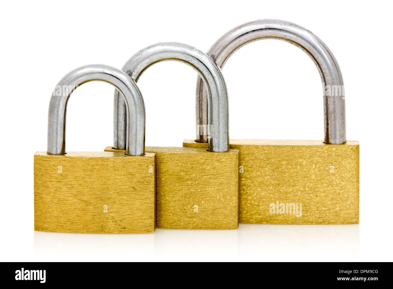 Three padlocks of different size in a row on white background Stock ...