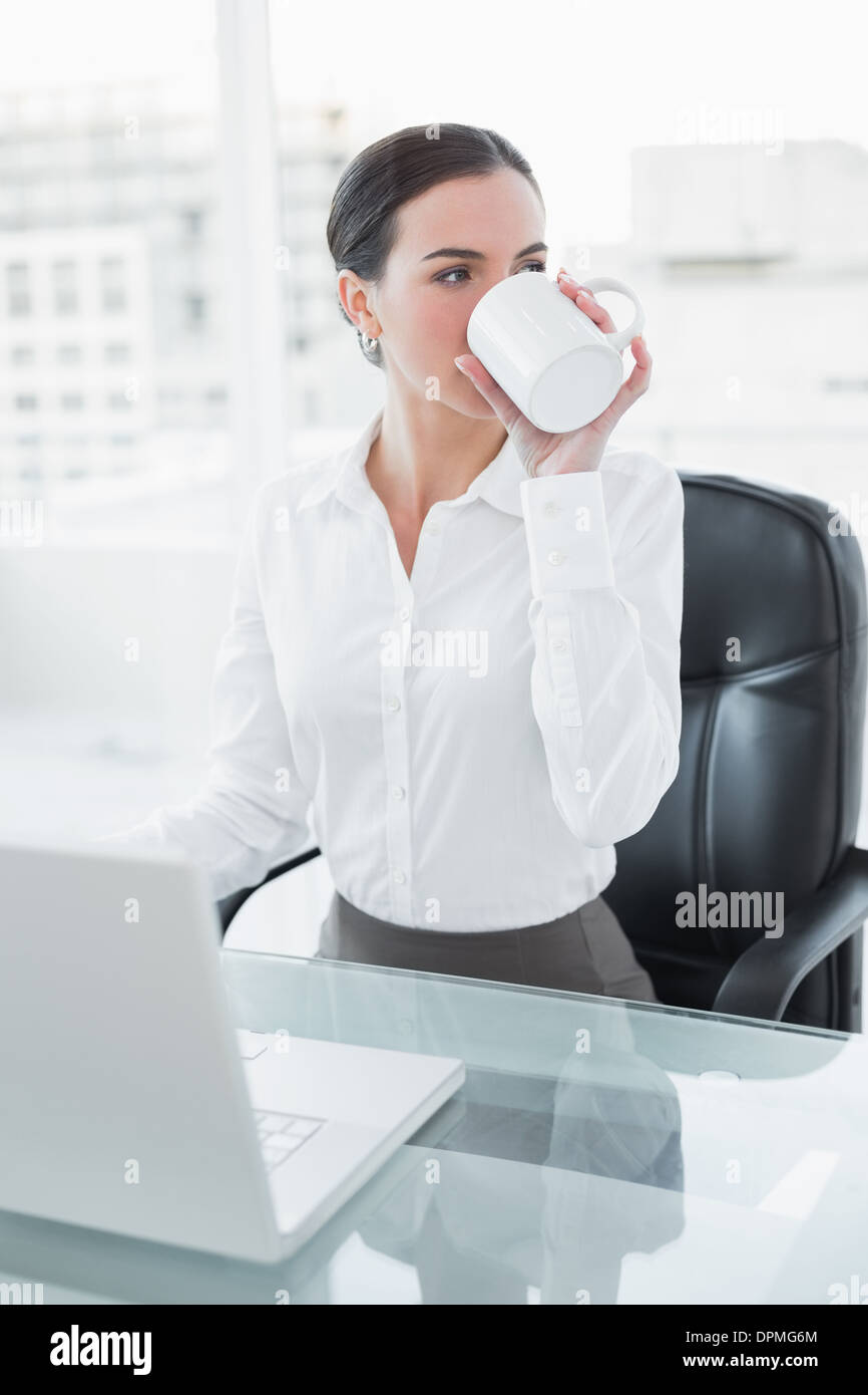 Woman drinking tea computer desk High Resolution Stock Photography and ...