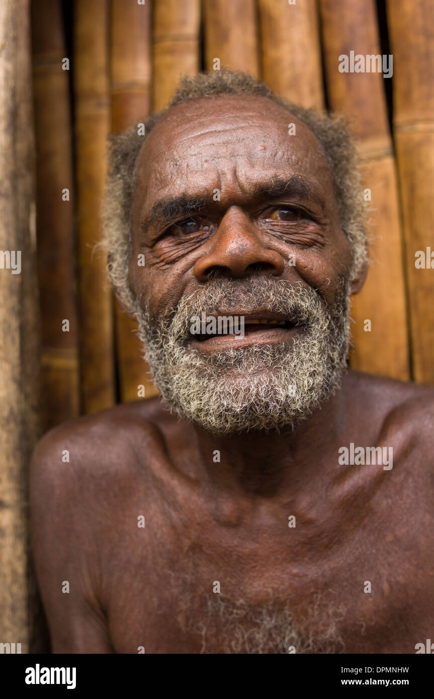 Old man sitting in front of a Treehouse in a bamboo hut at the Kastom ...