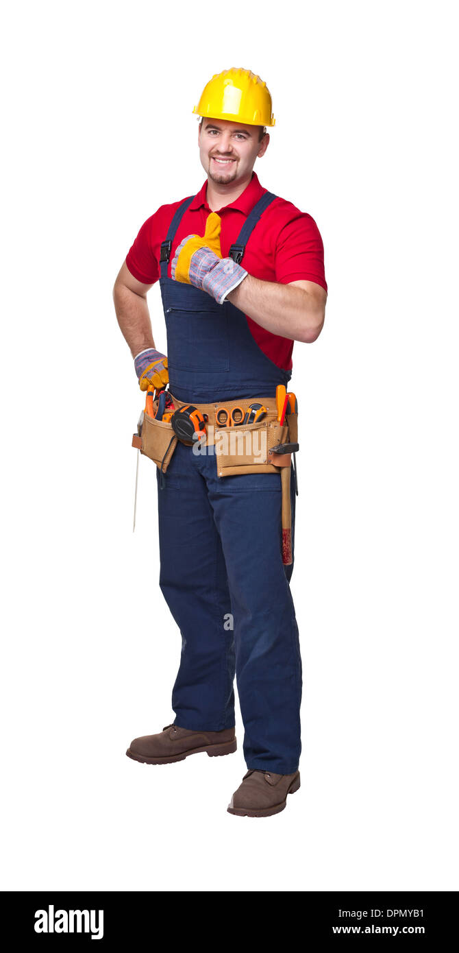 portrait of happy handyman on white background Stock Photo - Alamy