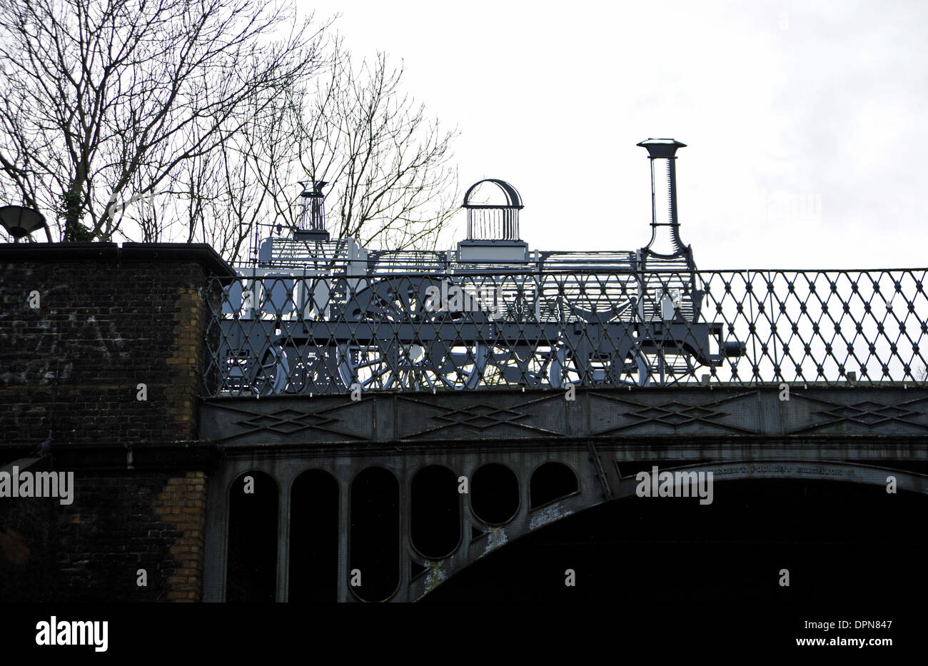 Sculpture of the Jenny Lind steam train by artist Jon Mills sits on top ...