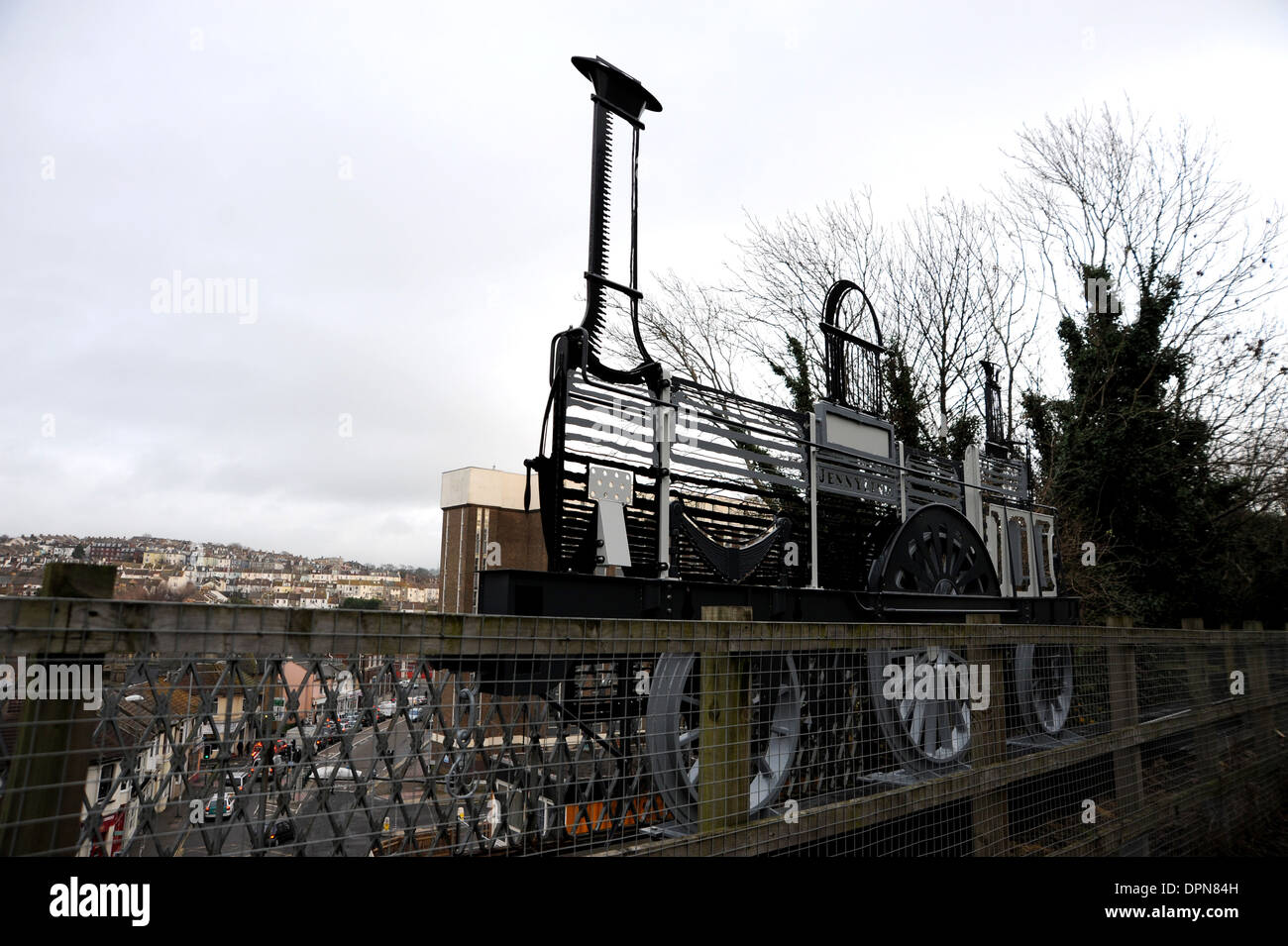 Sculpture of the Jenny Lind steam train by artist Jon Mills sits on top ...