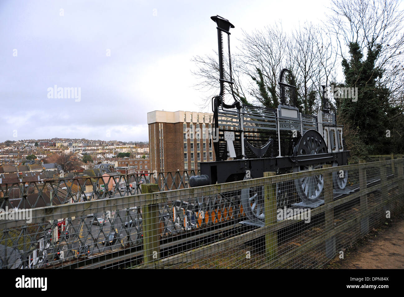 Sculpture of the Jenny Lind steam train by artist Jon Mills sits on top ...