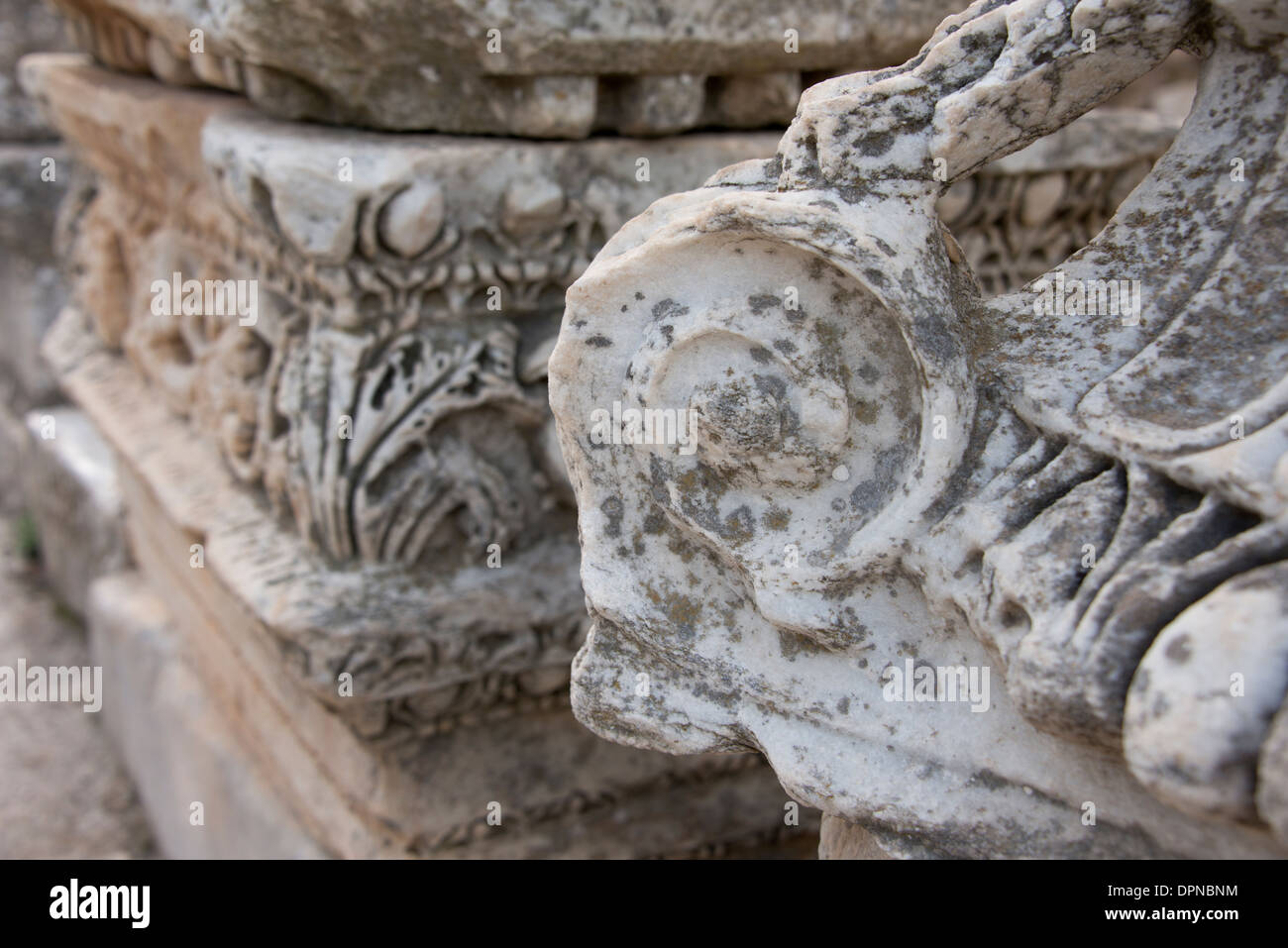 Turkey, Kusadasi, Ephesus. Detail of carved marble ruins Stock Photo ...