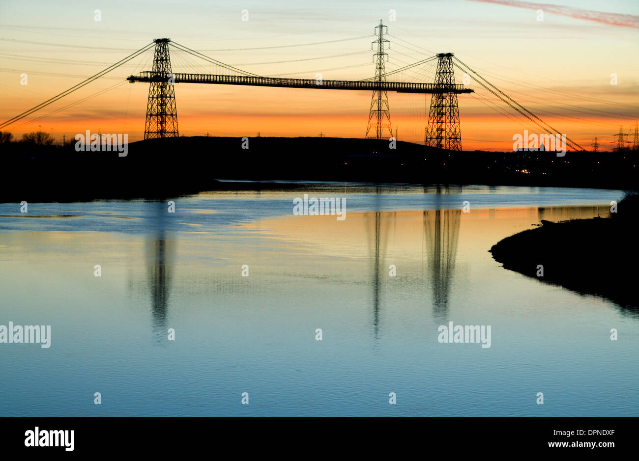 Newport Transporter Bridge at sunset, built in 1906 and spanning the ...
