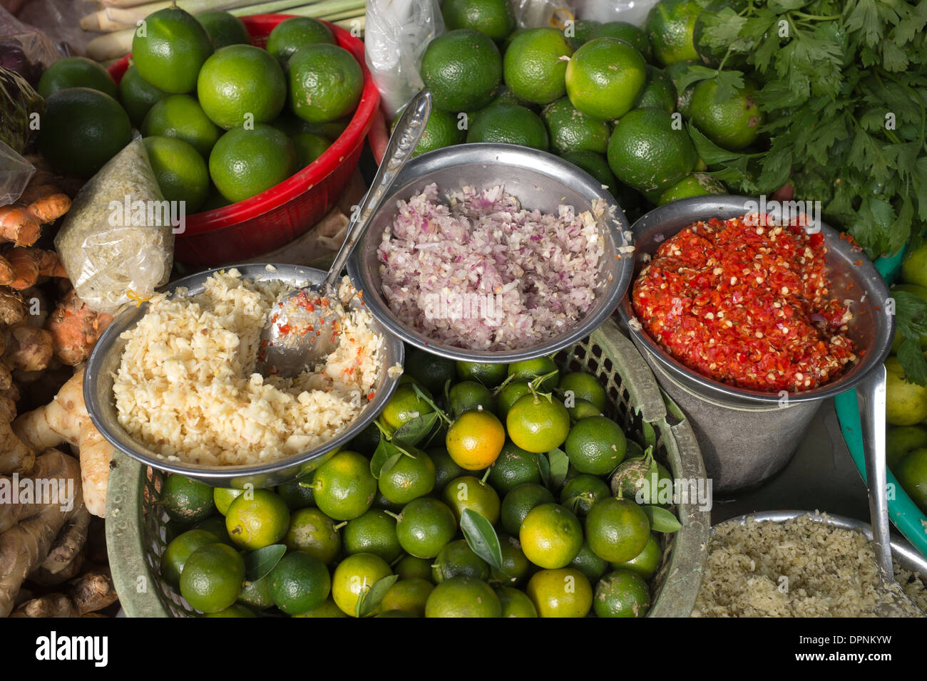 Chopped Chilli Onion Garlic at Market Stock Photo - Alamy