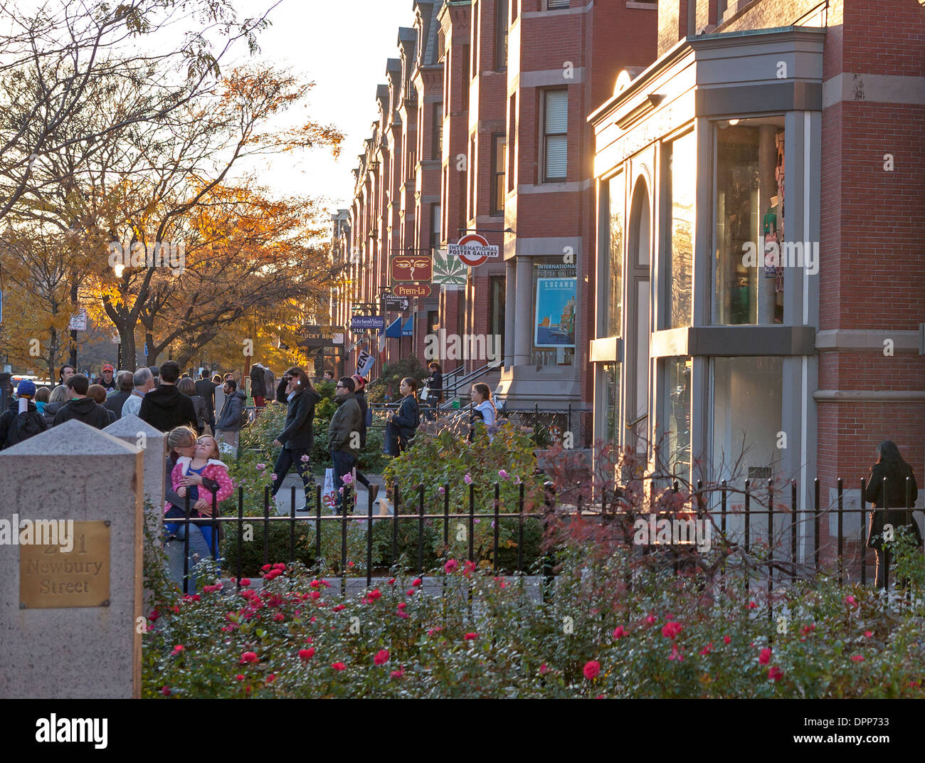 Newbury Street in Boston features many shops in historic red brick ...