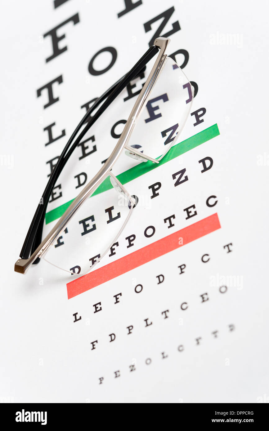 Eyeglasses on the eye chart background Stock Photo - Alamy