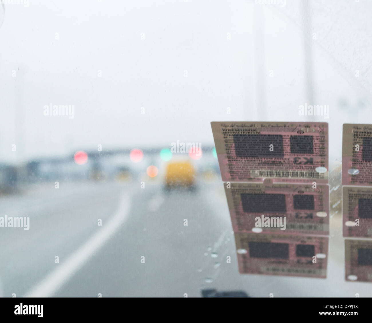 Bulgarian road tax stickers on windscreen as car is approaching toll ...