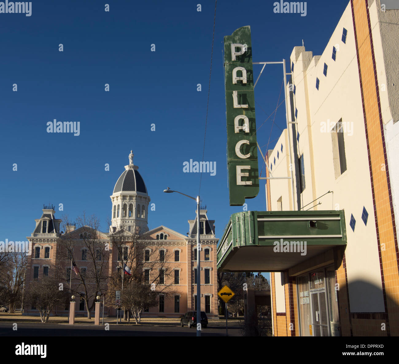 Presidio County courthouse and the Palace Building in downtown Marfa ...