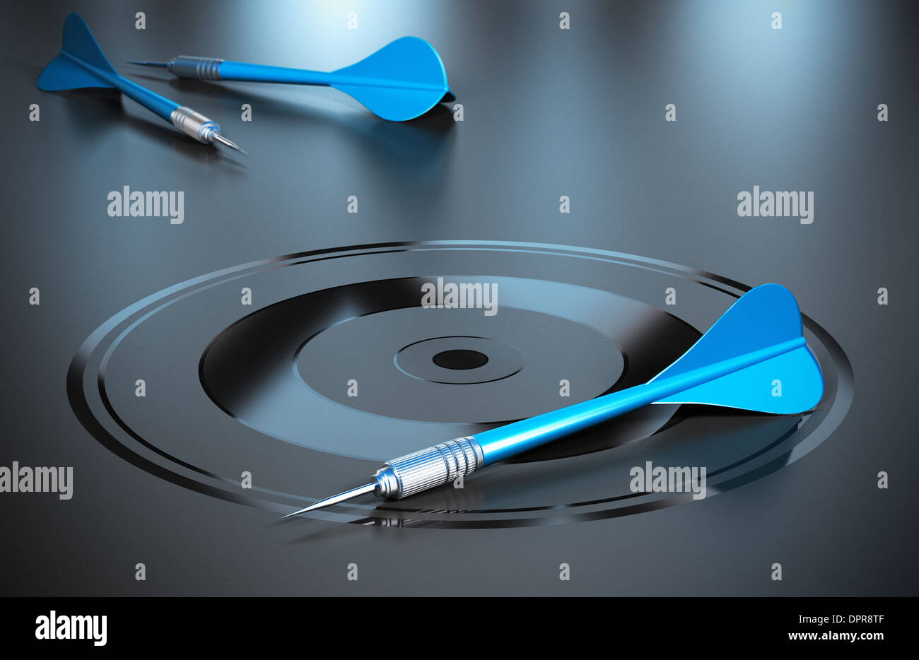 Three blue darts and one target, black background and reflection ...