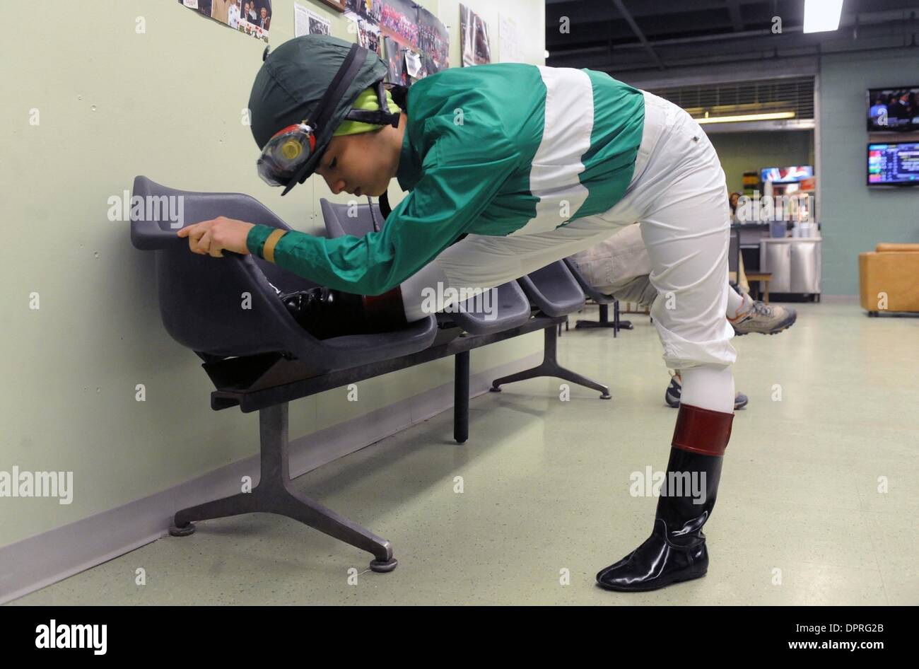 Mar 26, 2009 - Queens, New York, USA - Jockey MAYLAN STUDART stretching ...
