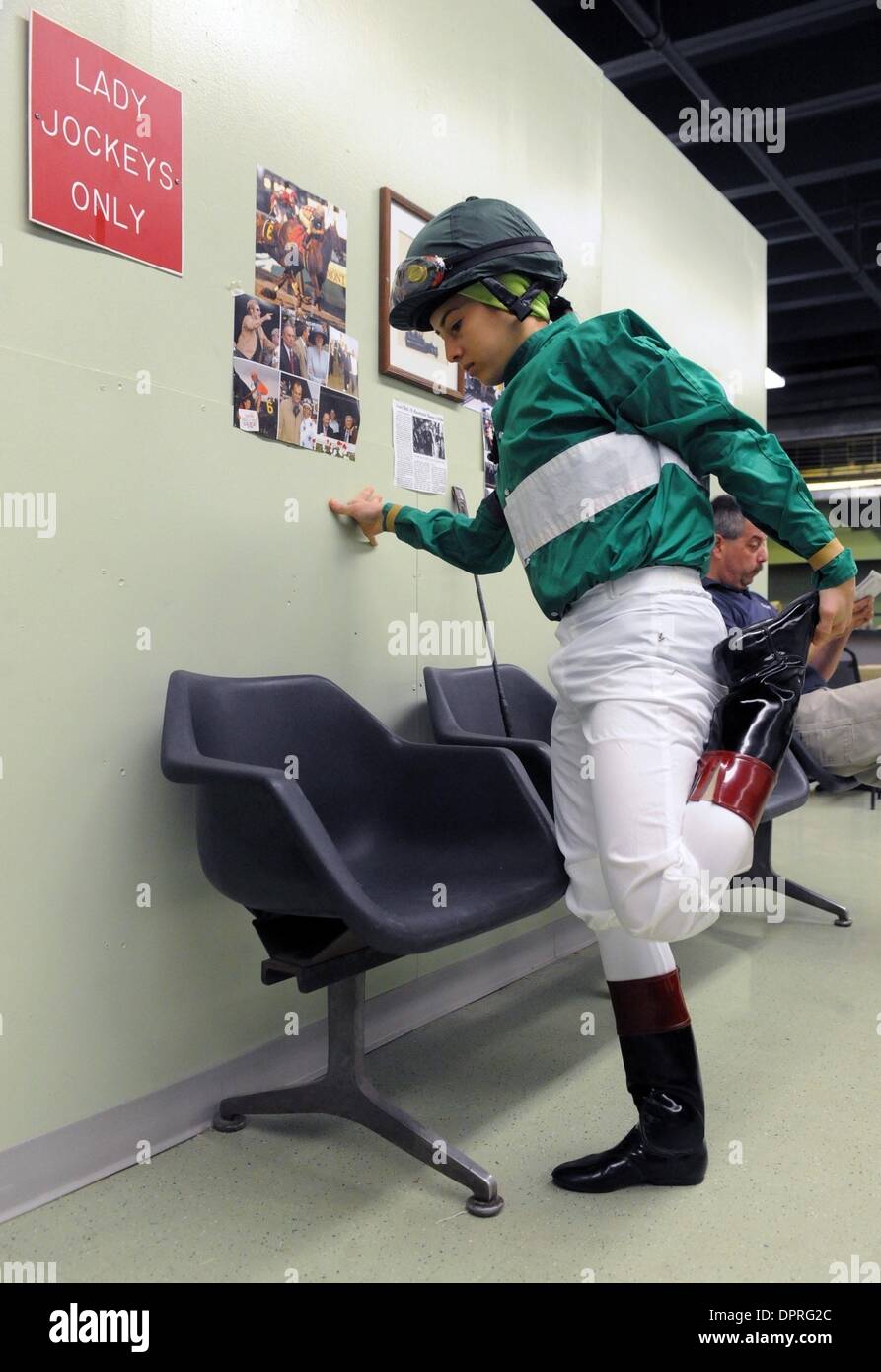 Mar 26, 2009 - Queens, New York, USA - Jockey MAYLAN STUDART stretching ...