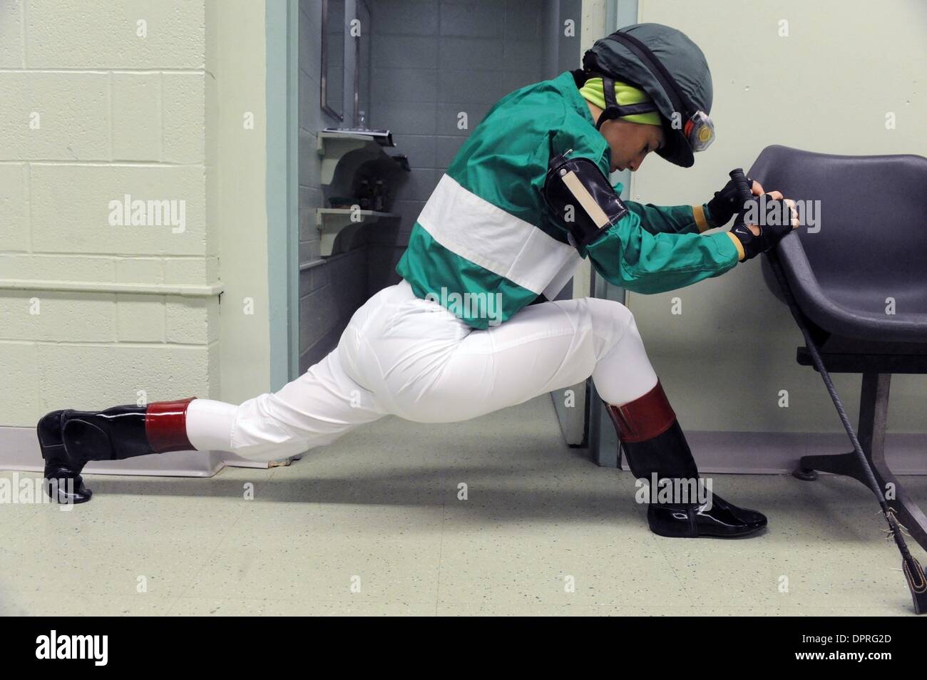 Mar 26, 2009 - Queens, New York, USA - Jockey MAYLAN STUDART stretching ...