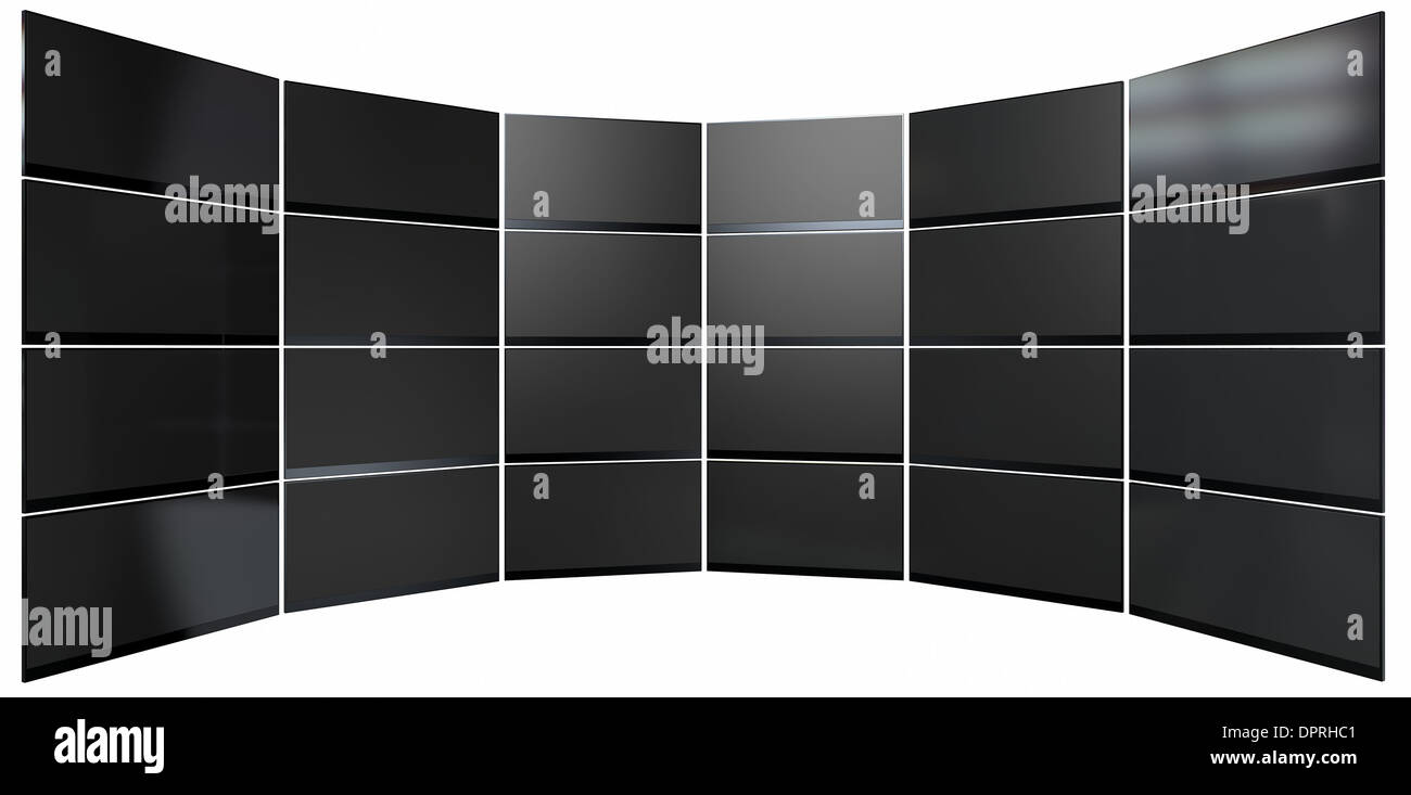 A wall of 24 stacked flat screen televisions mounted in an arc shape on ...