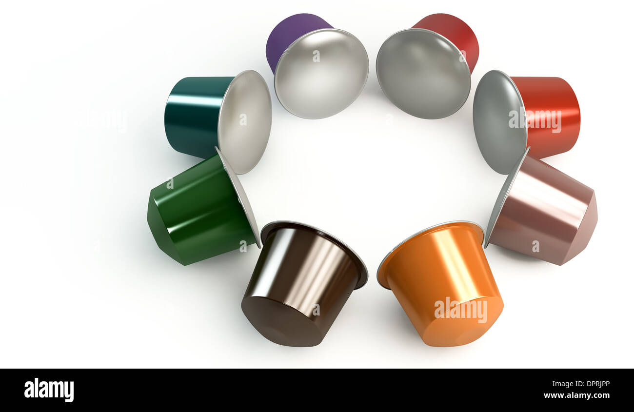 A collection of colorful instant espresso coffee capsules sealed with ...