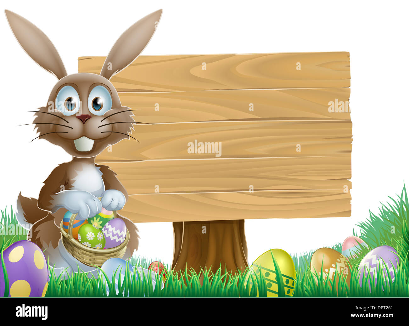Easter bunny rabbit with a wooden sign holding painted Easter eggs ...
