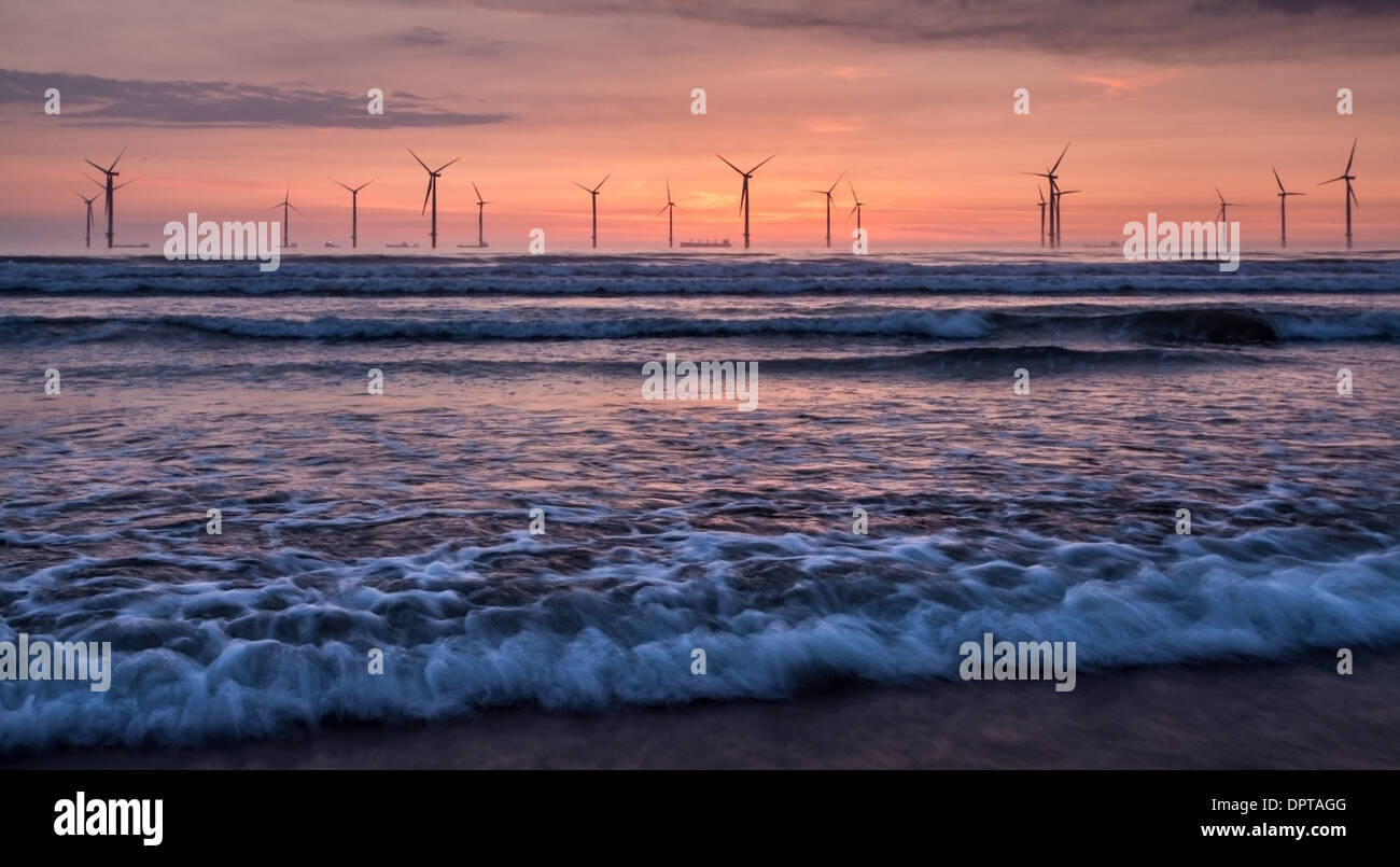 Dawn and Wind Turbines, Coatham Beach, Redcar, Cleveland,England Stock ...