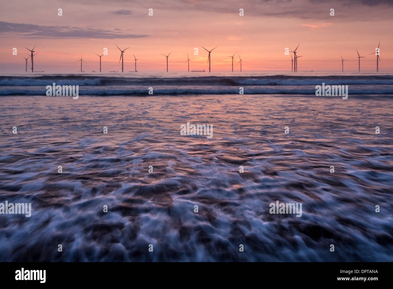 Dawn and Wind Turbines, Coatham Beach, Redcar, Cleveland,England Stock ...