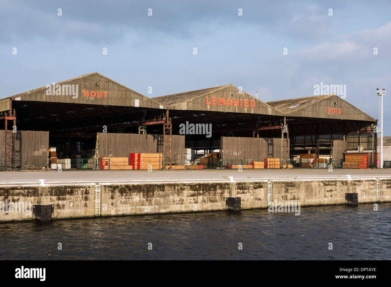 Timber stored in warehouses at Houtimport Lemahieu in the port of Ghent ...