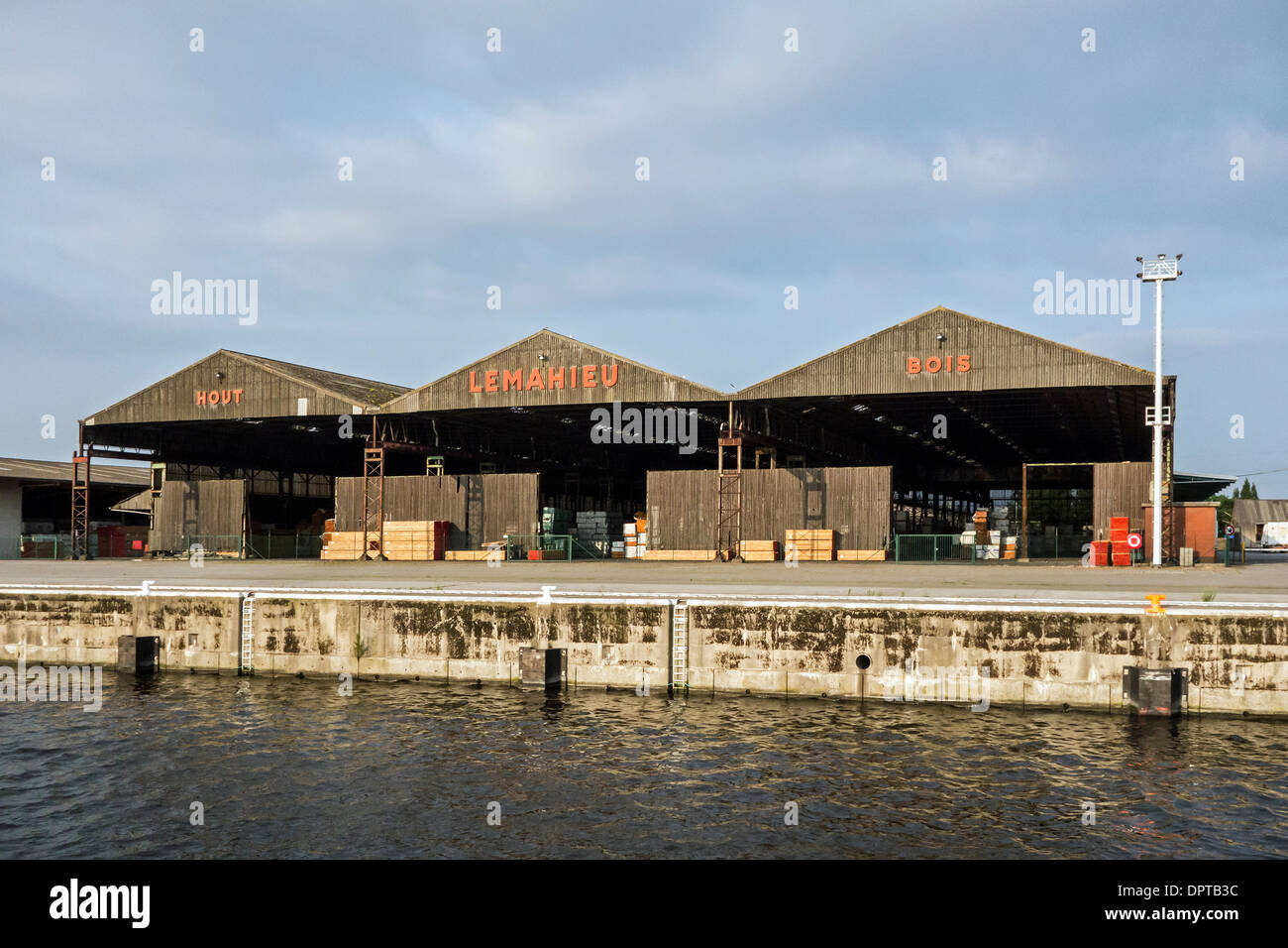 Timber stored in warehouses at Houtimport Lemahieu in the port of Ghent ...