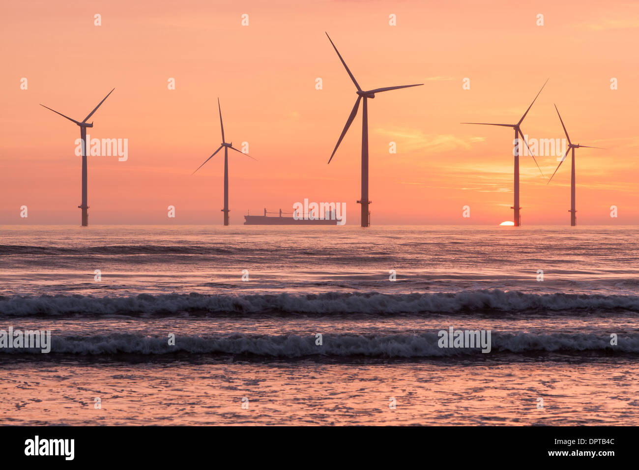Sunrise and Wind Turbines, Coatham Beach, Redcar, Cleveland,England ...