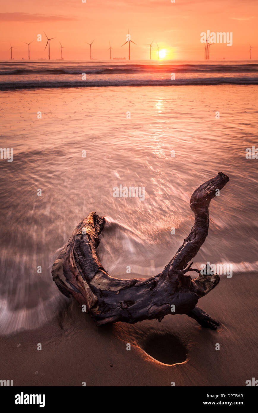 Sunrise and Wind Turbines, Coatham Beach, Redcar, Cleveland,England ...