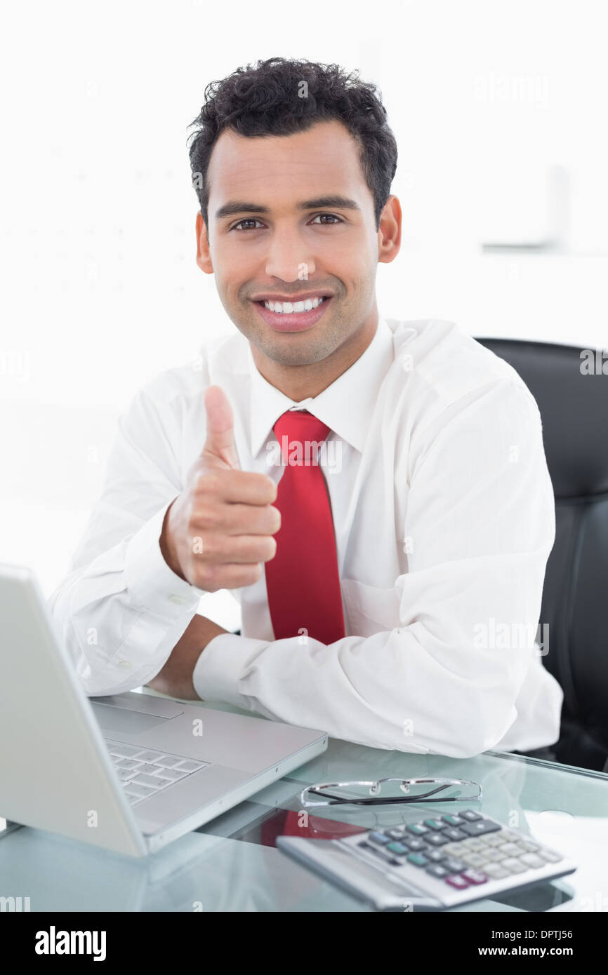 Businessman working computer thumbs up hi-res stock photography and ...