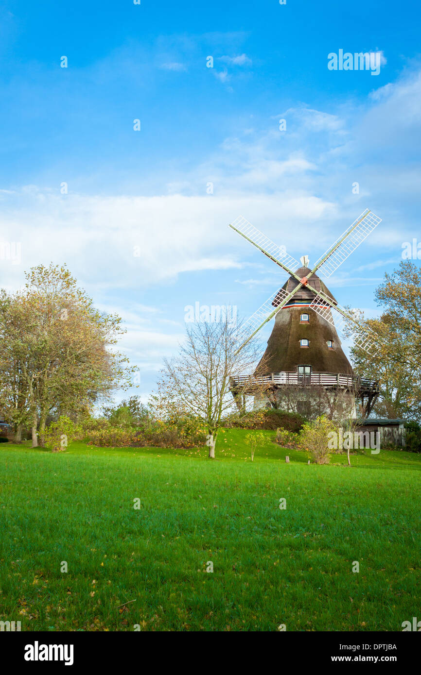 Traditional wooden windmill in a lush garden with four sails or blades ...