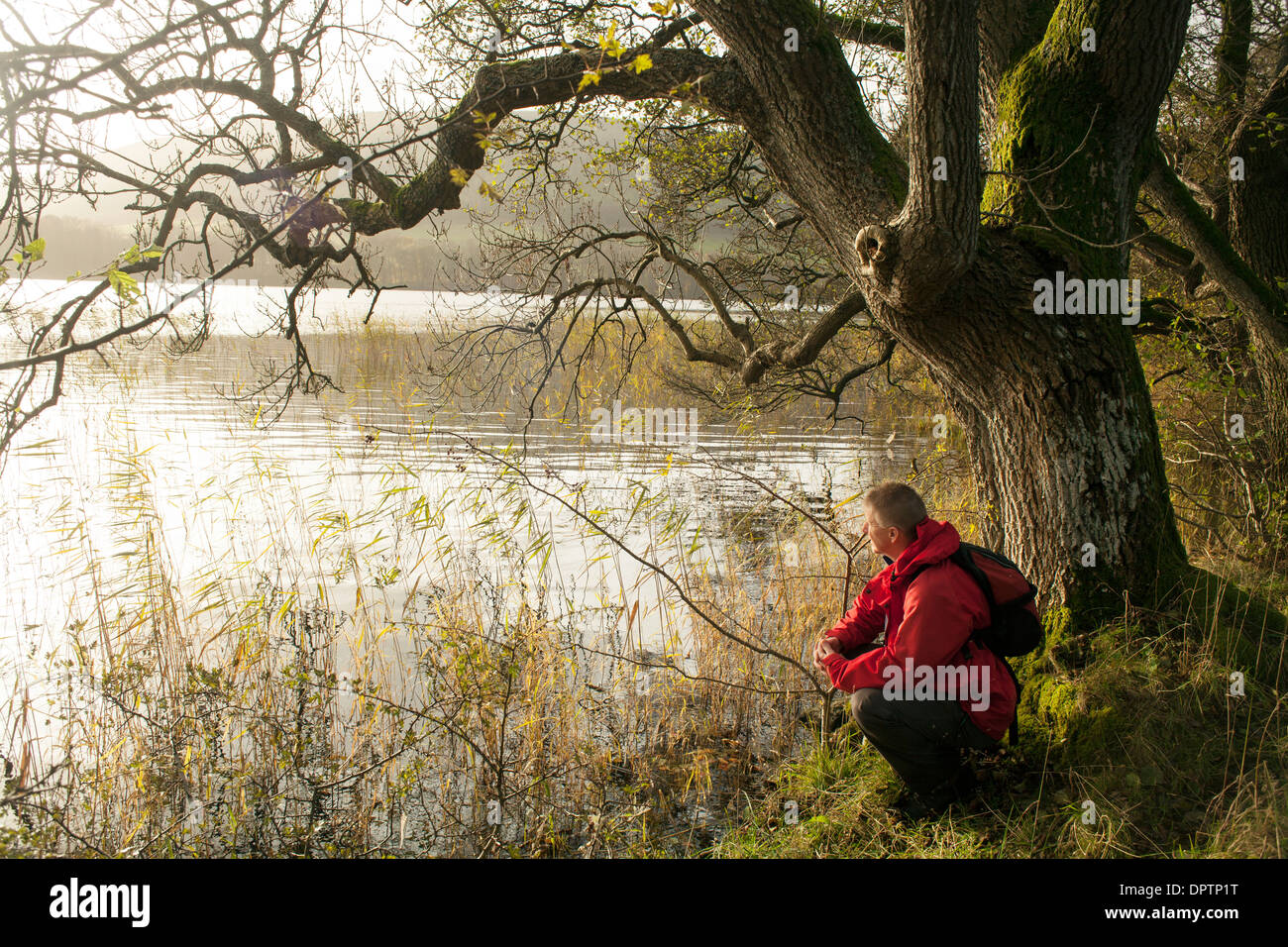 Walker stand at the side of Loch Arthur near Beeswing Scotland. Loch ...