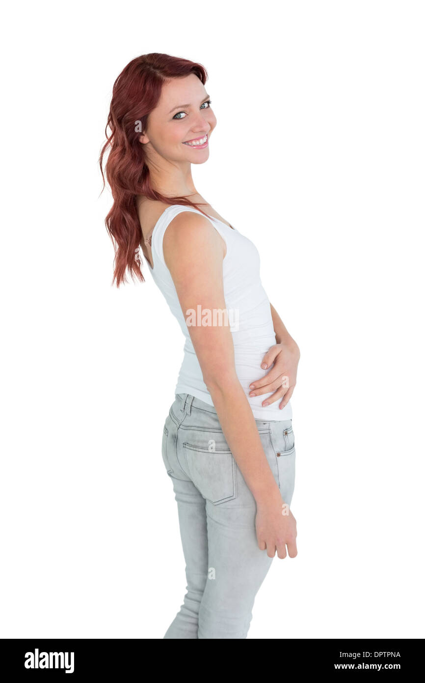 Side view portrait of a smiling casual young woman Stock Photo - Alamy