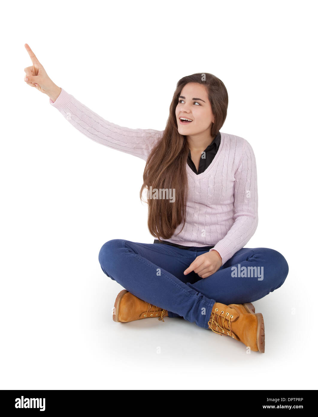 young woman pointing up Stock Photo - Alamy