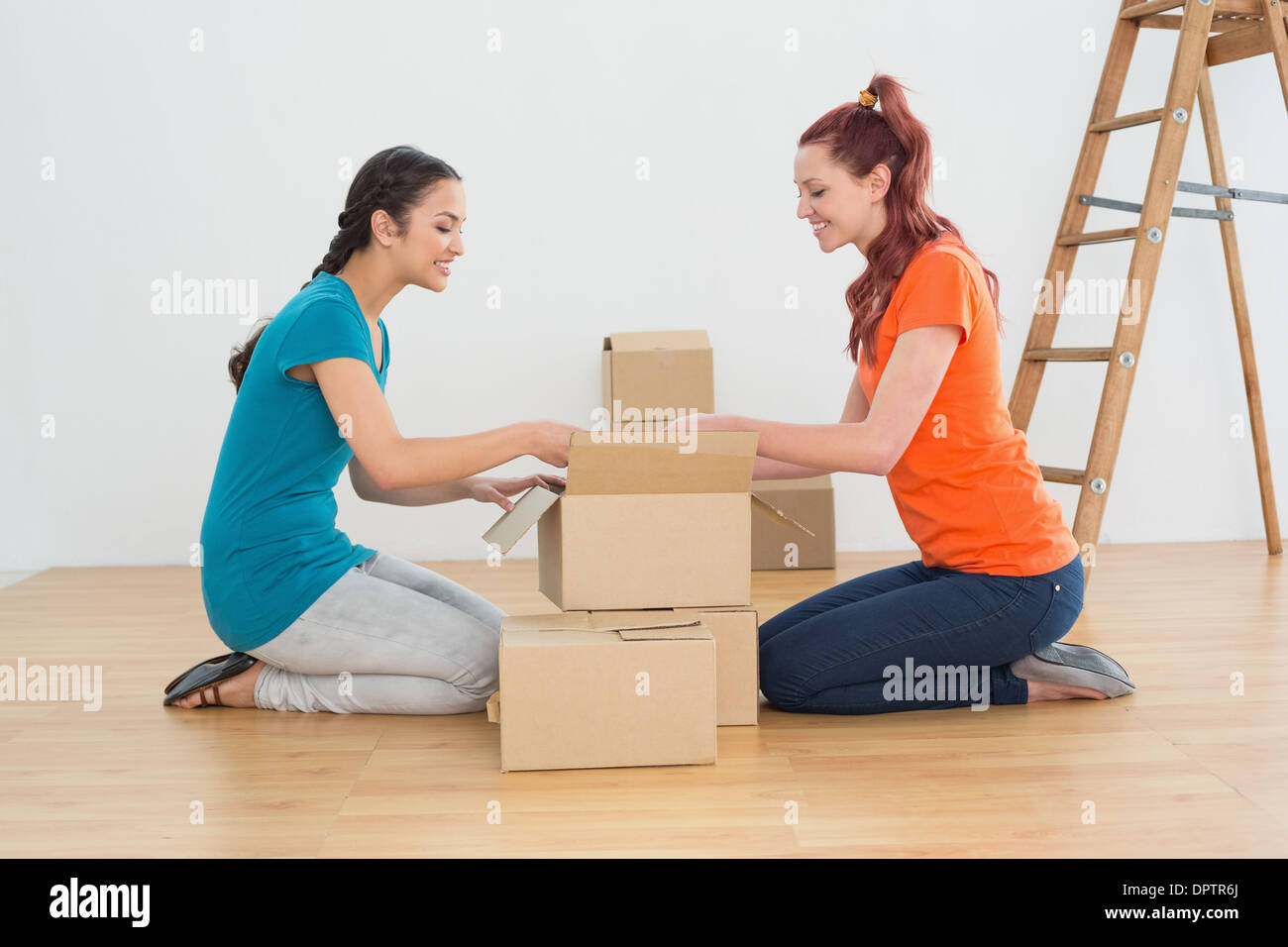 Side view of two friends moving together in a new house Stock Photo - Alamy