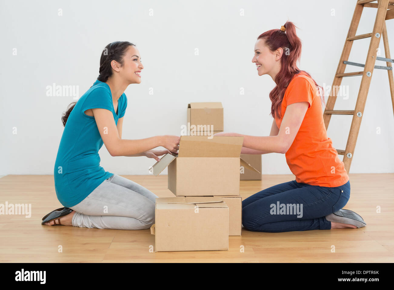 Side view of two happy friends moving together in a new house Stock ...