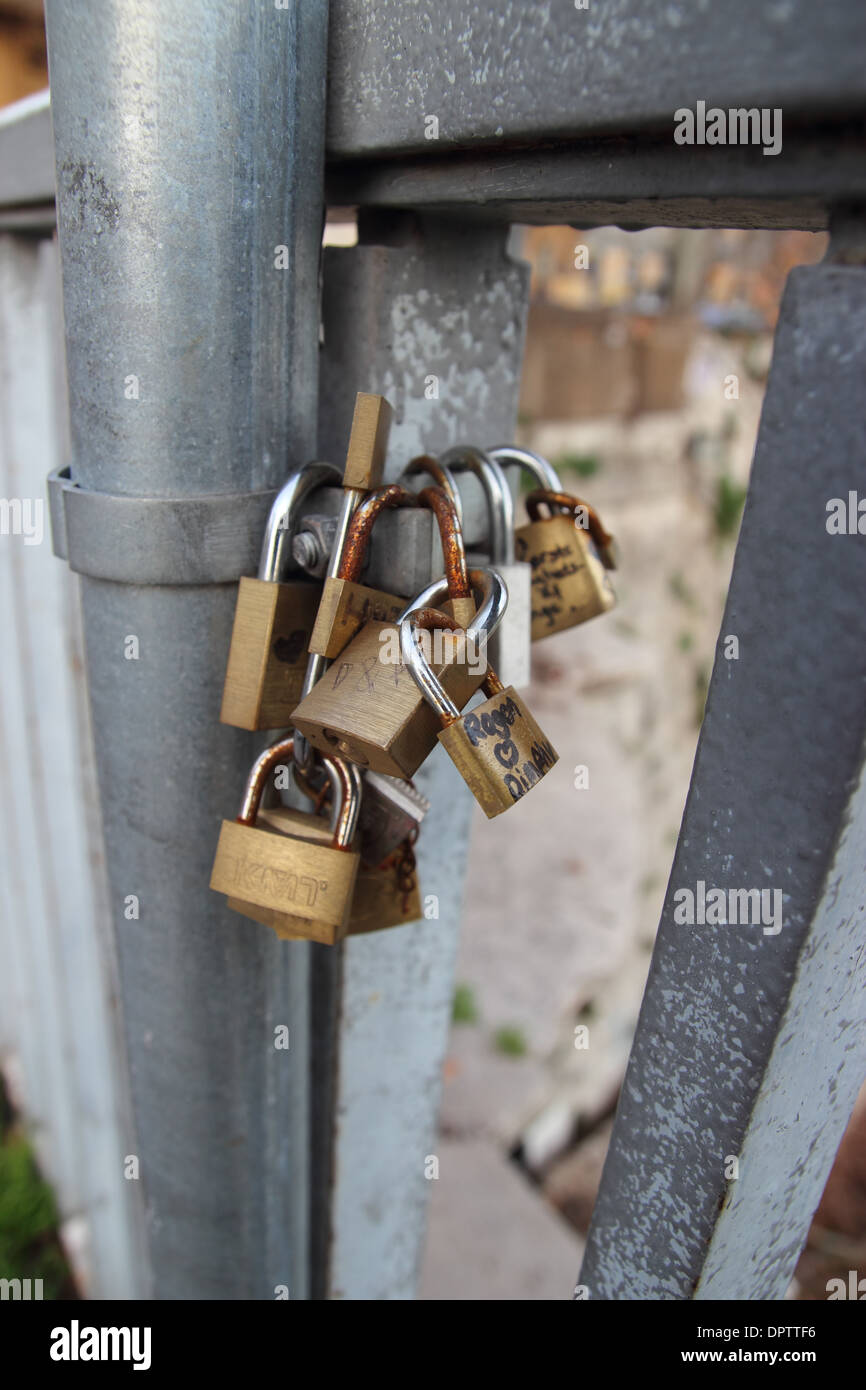 love padlocks hanging from ponte Garibaldi fence on January 11, 2014 in ...