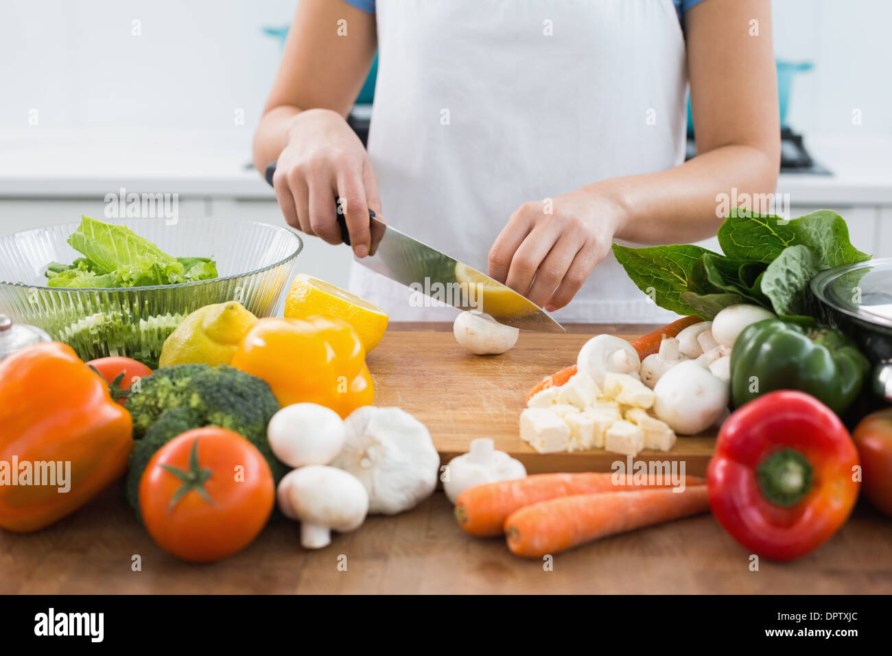 Mid section of a woman chopping vegetables with man cooking food at ...
