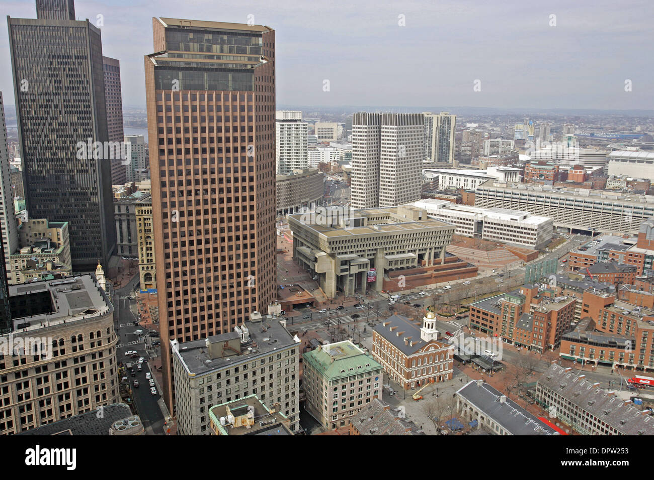 Boston Faneuil Hall Govt Center and financial district aerial Stock ...