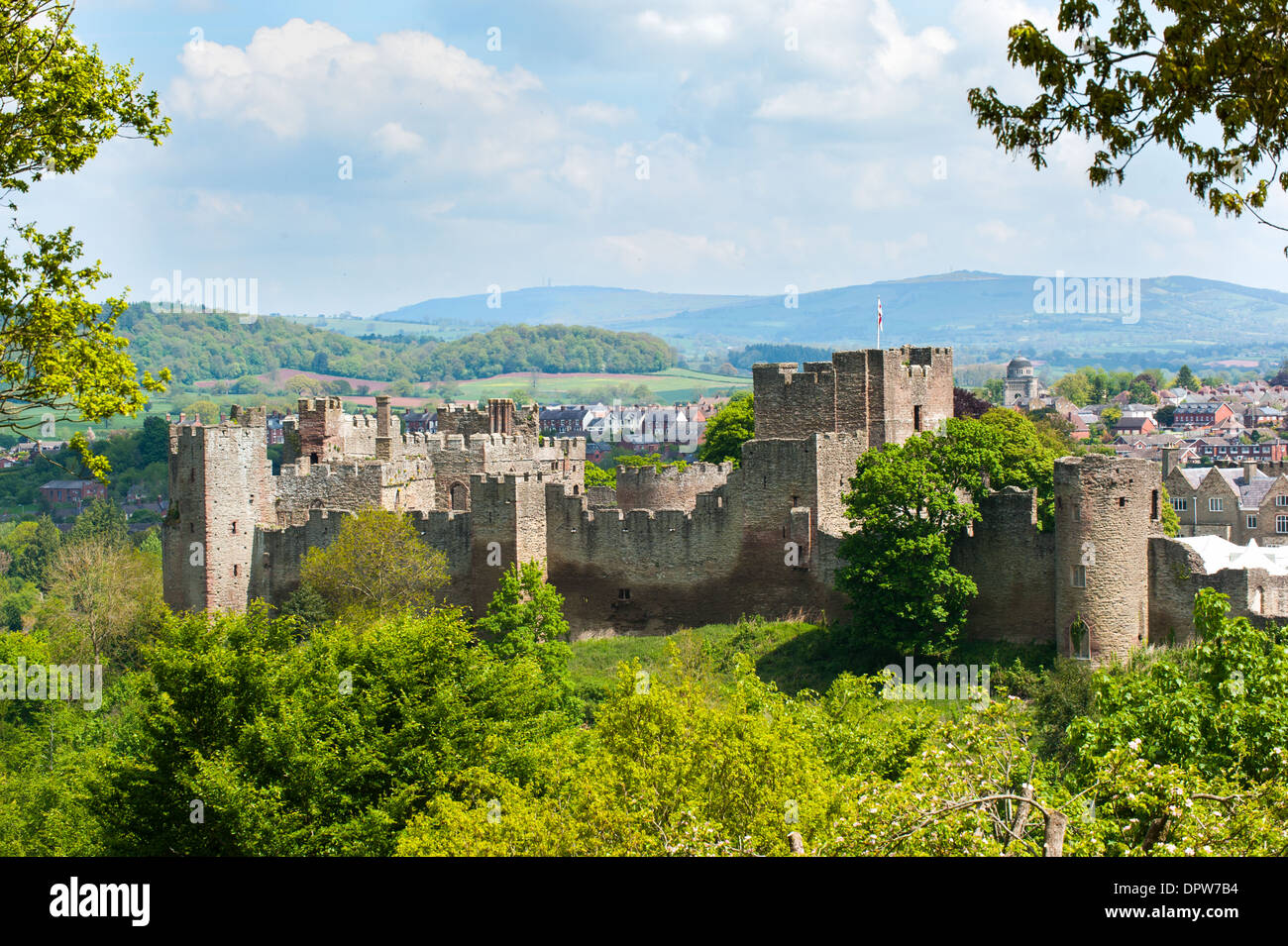 Ludlow Castle seen from Whitcliffe Common in spring time, Shropshire ...