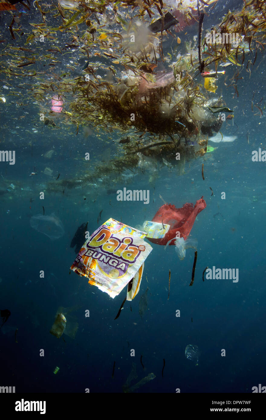 Plastic bags and other hazardous garbage floating underwater over coral ...