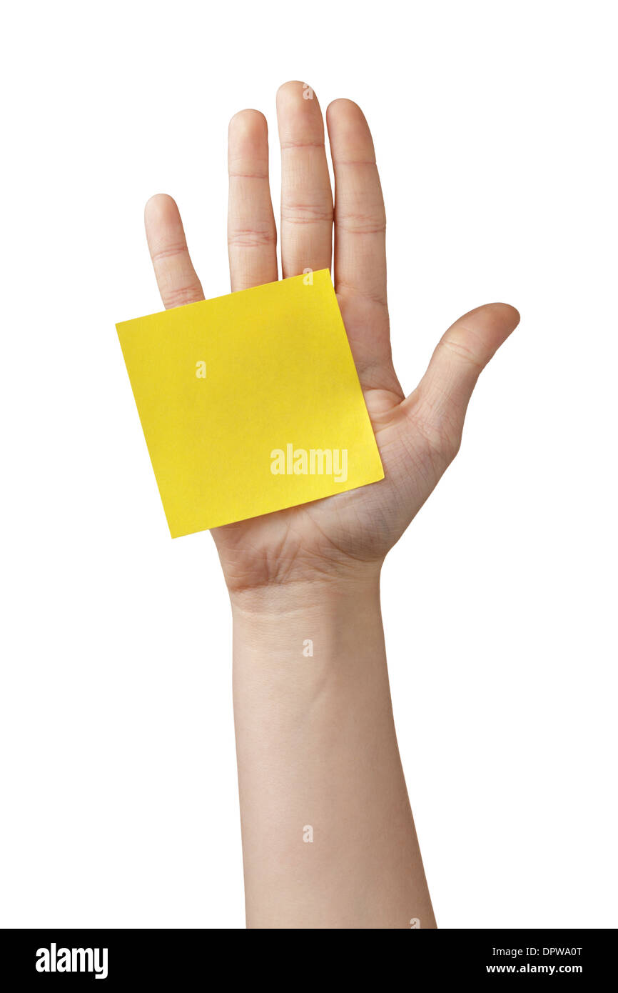 female teen hand holding sticky note, isolated on white Stock Photo - Alamy