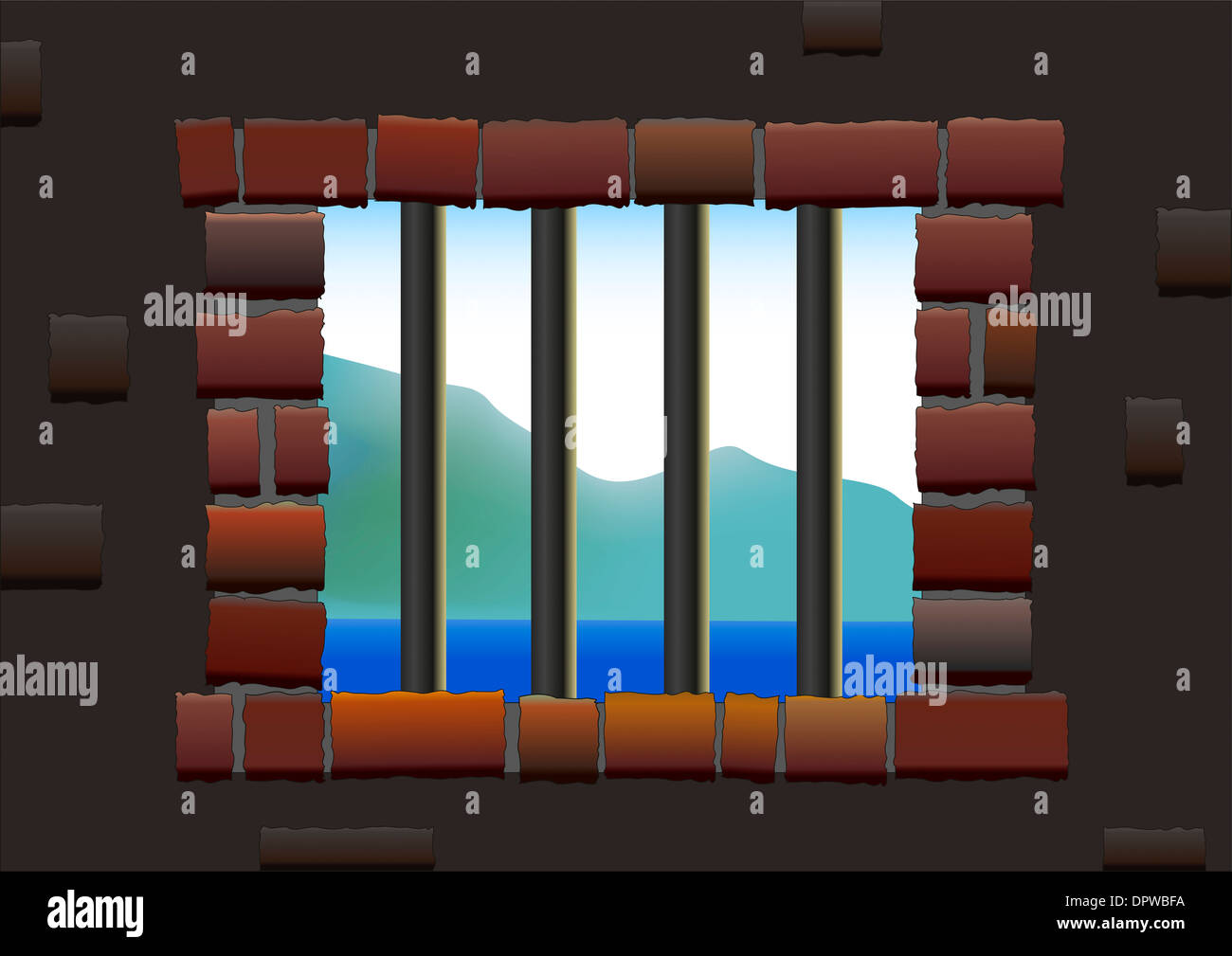 Barred window of a jail, viewed from inside to outside Stock Photo - Alamy