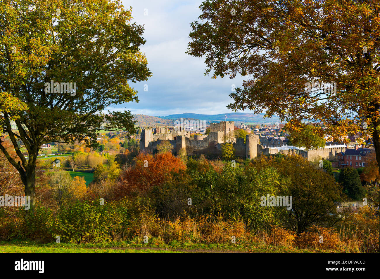Autumn colours surround Ludlow Castle in Shropshire as seen from ...