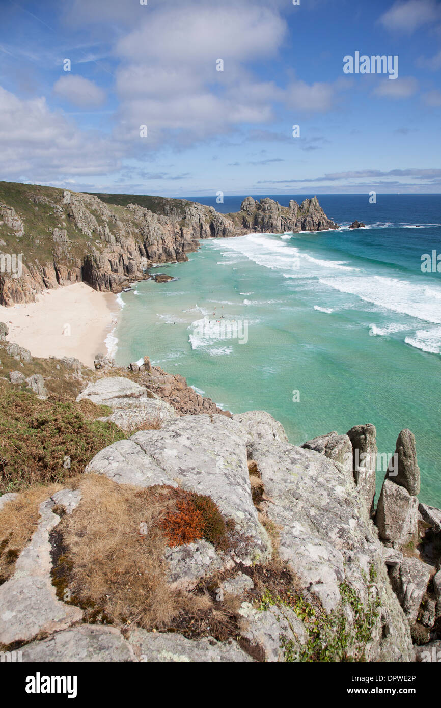 Logan Rock cliffs and beach on a Cornish summers day Stock Photo - Alamy