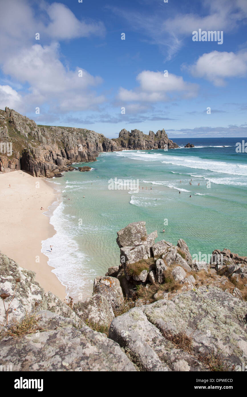 Logan Rock cliffs and beach on a Cornish summers day Stock Photo - Alamy