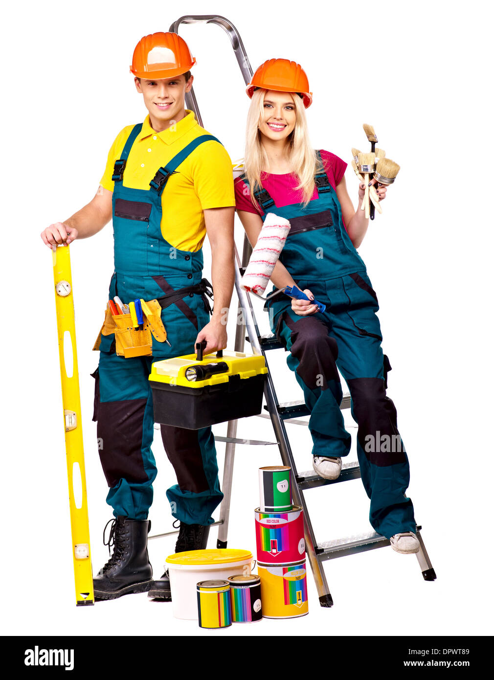 Couple builder with construction tools Stock Photo - Alamy