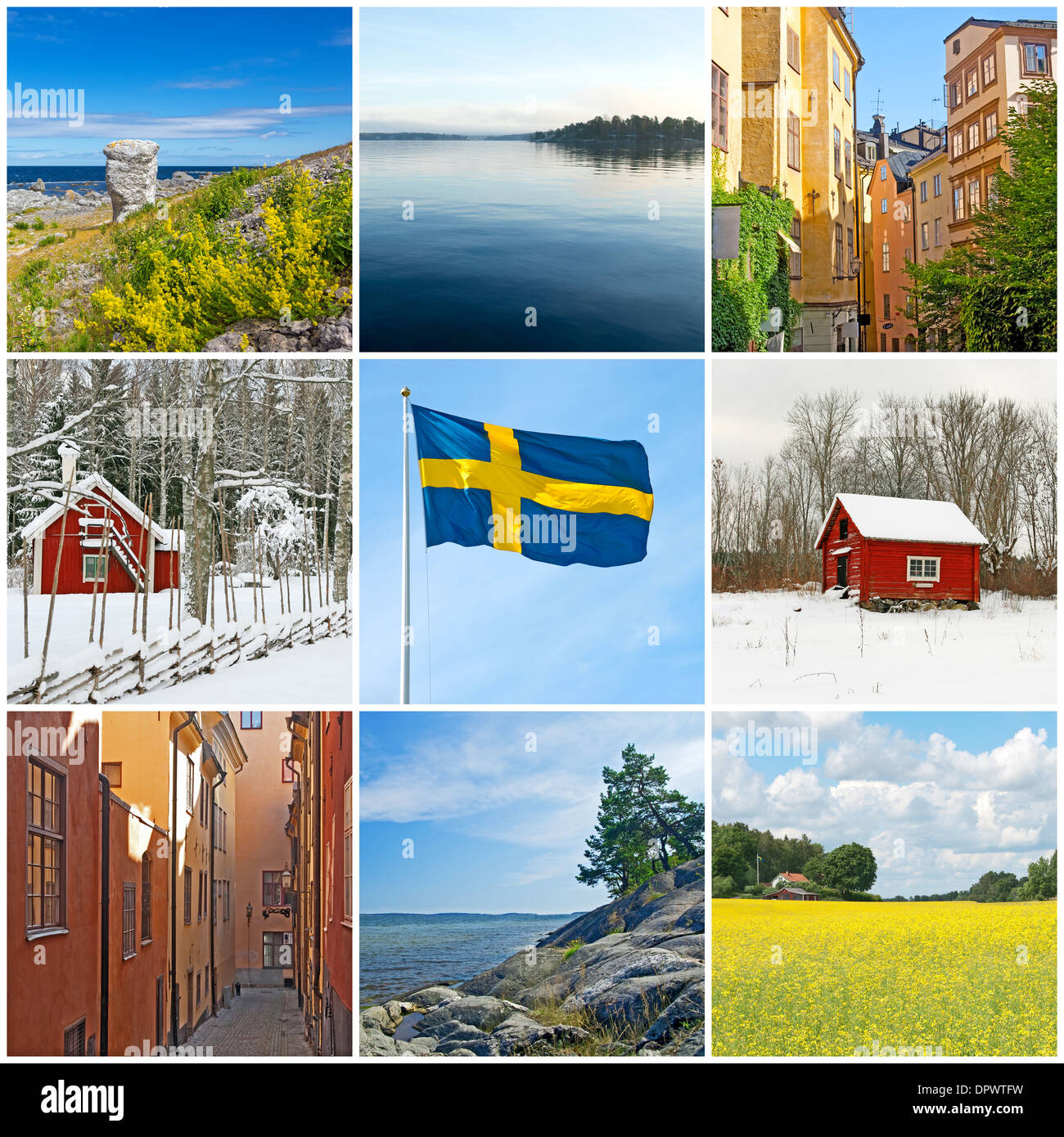 Sweden. Swedish flag, city, countryside and nature. Collection of 9 ...