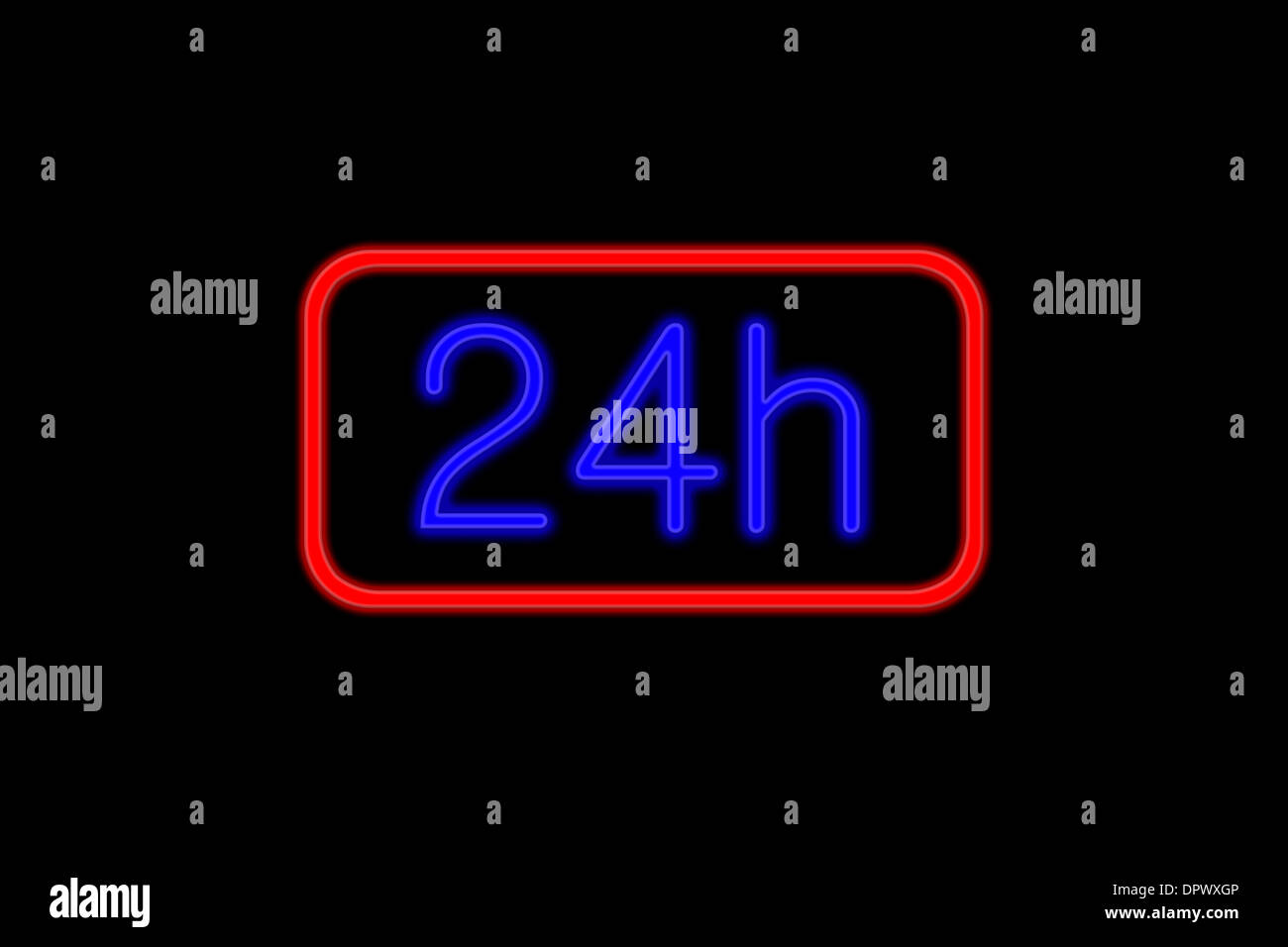 Illuminated Neon sign with blue Letters and red frame showing 24h ...